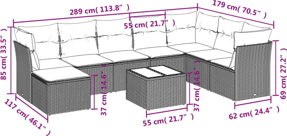 9dílná zahradní sedací souprava s poduškami černá polyratan 3249894