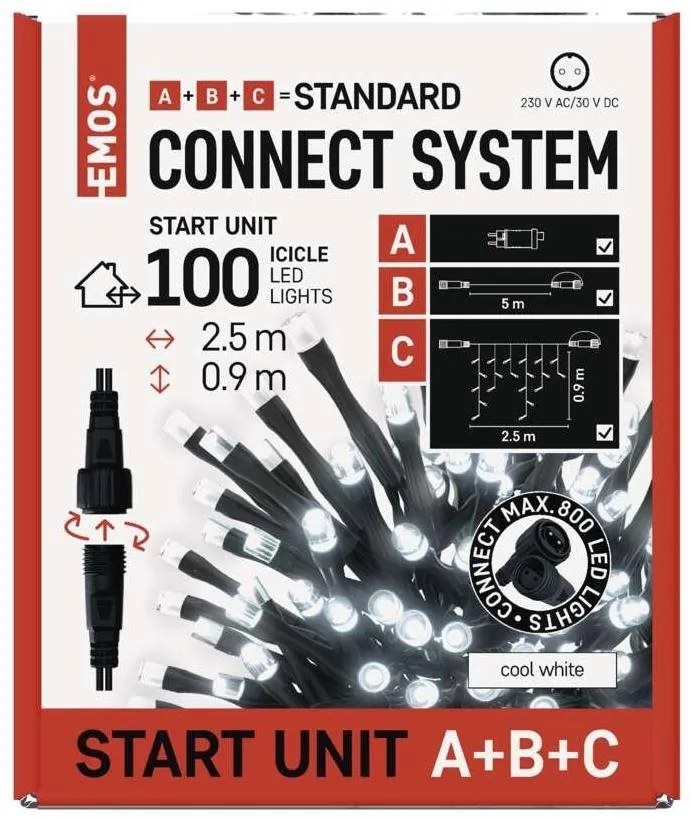 Světelný řetěz emos základní sada pro spoj. řetězy standard – rampouchy, 2,5 m, venkovní, studená bílá, časovač