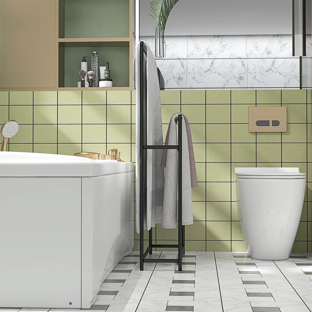 HOMCOM Věšák na ručníky, volně stojící věšák se 2 držáky na ručníky, věšák na ručníky do koupelny, kov, 66 x 20 x 110 cm, černý | Aosom