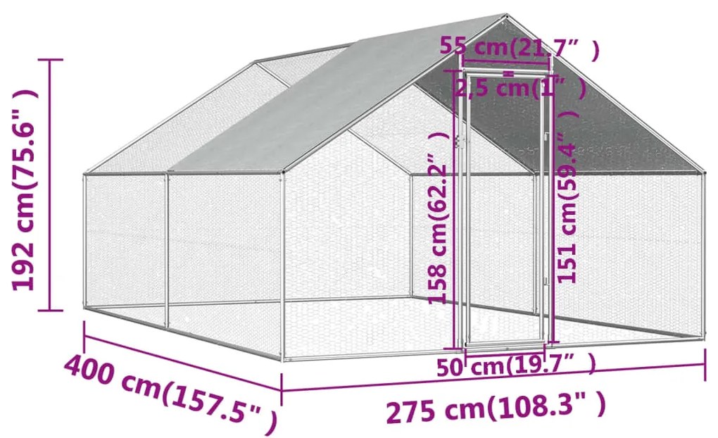 vidaXL Marketos Venkovní klec pro kuřata 2,75 x 4 x 1,92 m pozinkovaná ocel