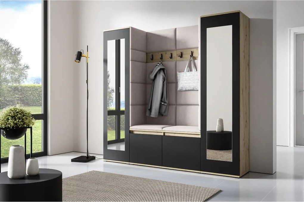 Eka Předsíňová stěna s čalouněnými panely Trinity 31 - Dub Artisan s černou / Krémová bílá 2301