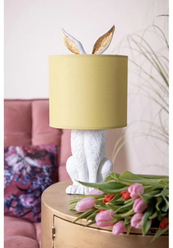 Bílá stolní lampa králík se žlutým stínidlem Konijn