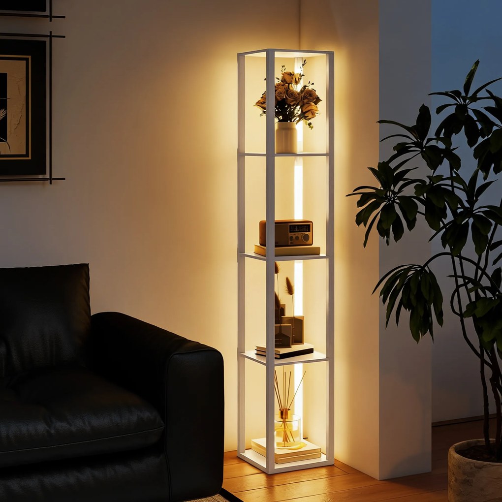 HOMCOM LED stojací lampa s policemi, moderní stmívatelná stojací lampa se 3 úrovněmi jasu a nožním spínačem, bílá