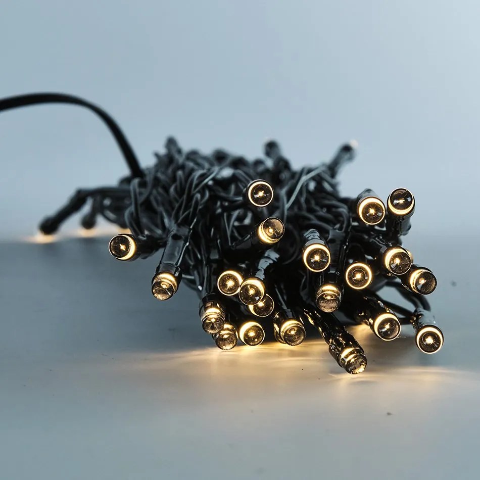 LED venkovní solární světýlka na zahradu, 5 m, teple bílá, 50 diod, černý kabel, IP44, solární panel