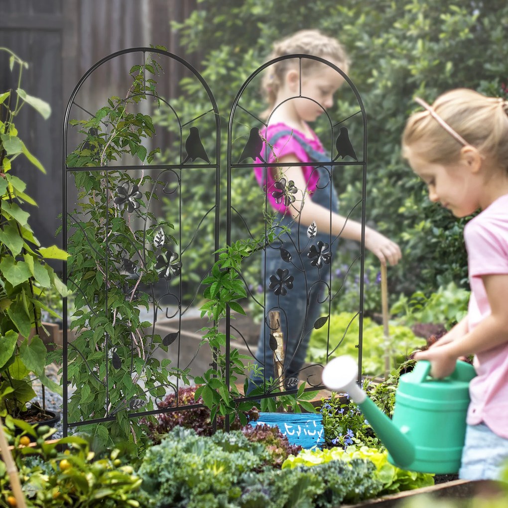 Outsunny 2-set zahradní mřížka 38 Š x 98 V cm z kovu ve tvaru čtyřlístku a ptáčka pro popínavé rostliny nerezavějící černá pro zahradu balkon dvůr | …