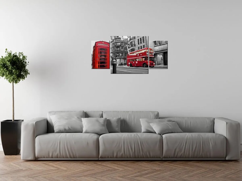 Gario Obraz s hodinami Telefonní budka v Londýně UK - 3 dílný Rozměry: 80 x 40 cm