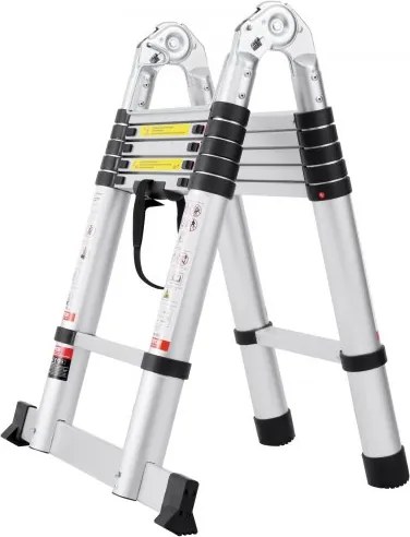Teleskopický prodlužovací žebřík 3,8 m tvaru A s tyčí stabilizátoru pro obytné vozy