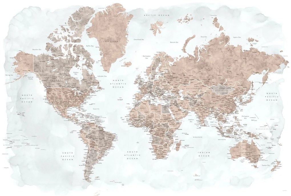 Mapa Neutrals and muted blue watercolor world map with cities, Calista, Blursbyai, (40 x 26.7 cm)