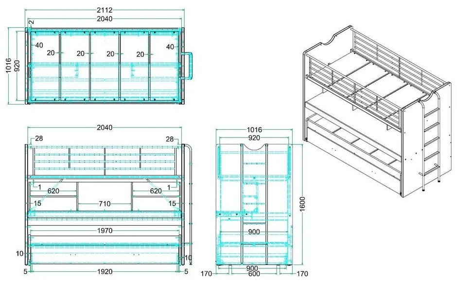 Bílo-šedá patrová dětská postel s výsuvným lůžkem s úložným prostorem s roštem 90x200 cm Bonny – Vipack