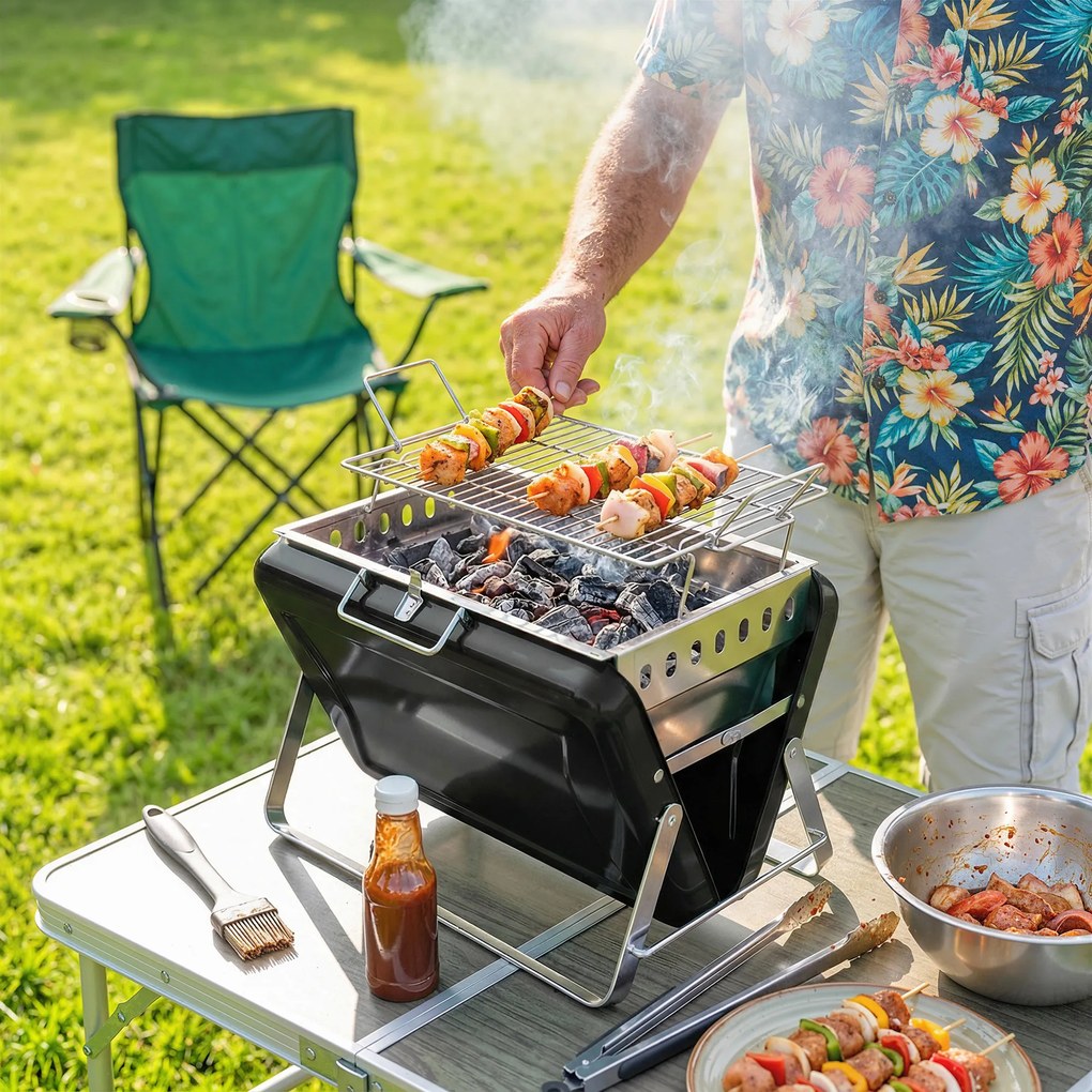 Gril na dřevěné uhlí z nerezové oceli BBQ udírna s grilovacím roštem rukojeť skládací nohy pro grilování kempování 40x28x25,5cm černá