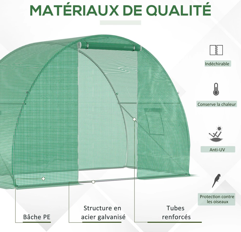 Zimní skleník Outsunny s tunelovým designem, plocha 4,5 m², rozměry 3L x 1,5W x 2H m, vyztužený rám, zipové dveře, 2 okna pro ventilaci, zelený