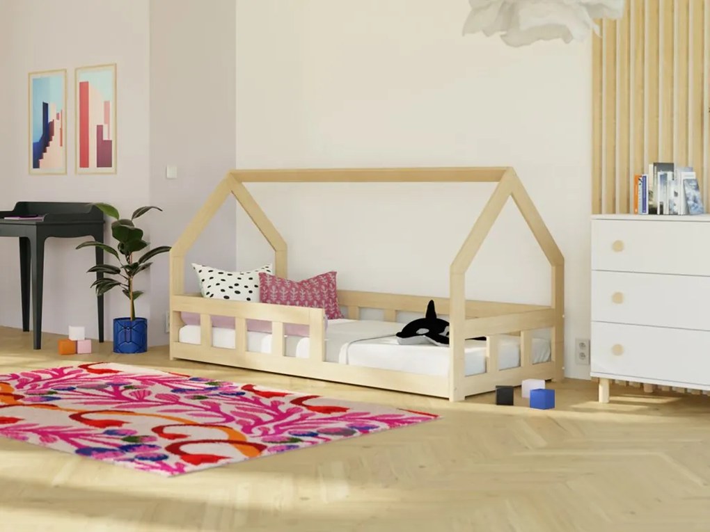 Benlemi Nízká domečková postel pro děti FENCE 6v1 se zábranou Zvolte barvu: Béžová, Zvolte rozměr: 90x160 cm, Zvolte zábranu: S jednou zábranou