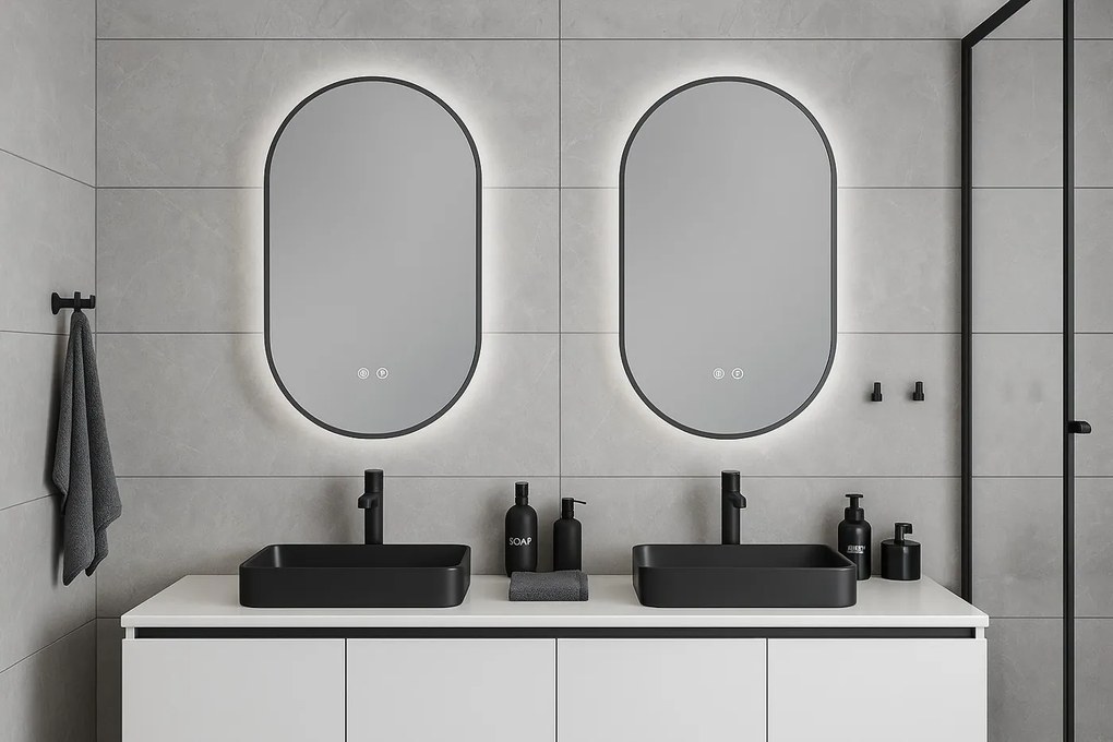 Erga Freya, oválné LED zrcadlo 60x90cm v černém kovovém rámu, 3 barvy světla, zadní osvětlení, vyhřívací podložka proti zapaření, ERG-V01-FREYA-6090-BK