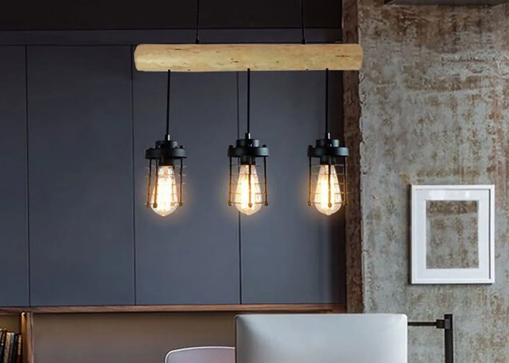 Závěsné svítidlo H82 industrial, klietka 3 74208 - kov / dřevo - Černá