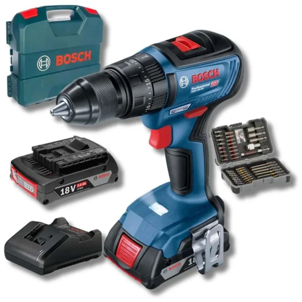 Bosch Nářadí - 18V AKU vrtačka s příklepem, s příslušenstvím, 2x aku 2,0 Ah GBA, nabíječka 0615990M8K