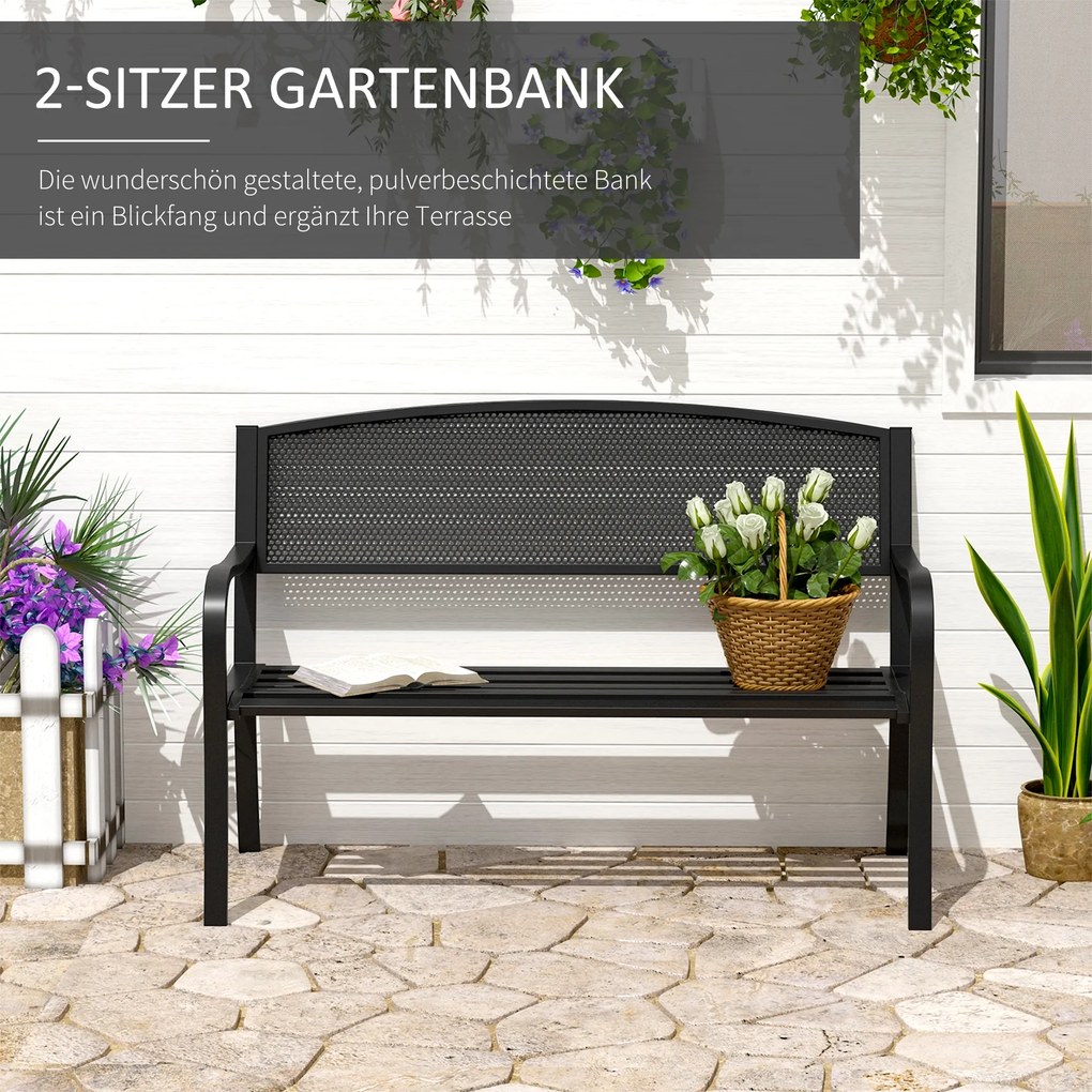 Outsunny Zahradní lavička parková 2místná zahradní ocelová černá Š127 x D60 x V87cm
