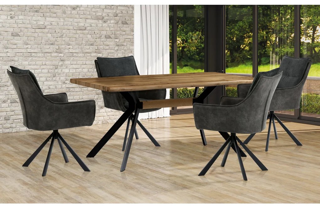 Jídelní stůl HT-863 OAK 160x90 cm, MDF deska 3D dekor divoký dub, kov černý lak