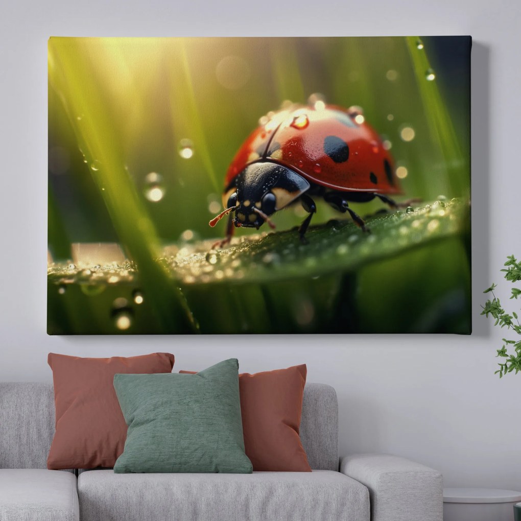 Obraz na plátně - Beruška na stéblu trávy s rosou FeelHappy.cz Velikost obrazu: 120 x 80 cm