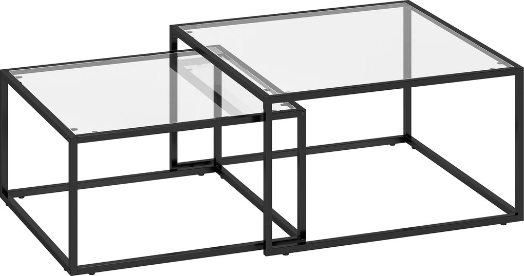HOMCOM 2dílné čtvercové skládané konferenční stolky s tvrzeným sklem a kovovým rámem, černé — velký 75 x 42 cm; malý 65 x 36 cm