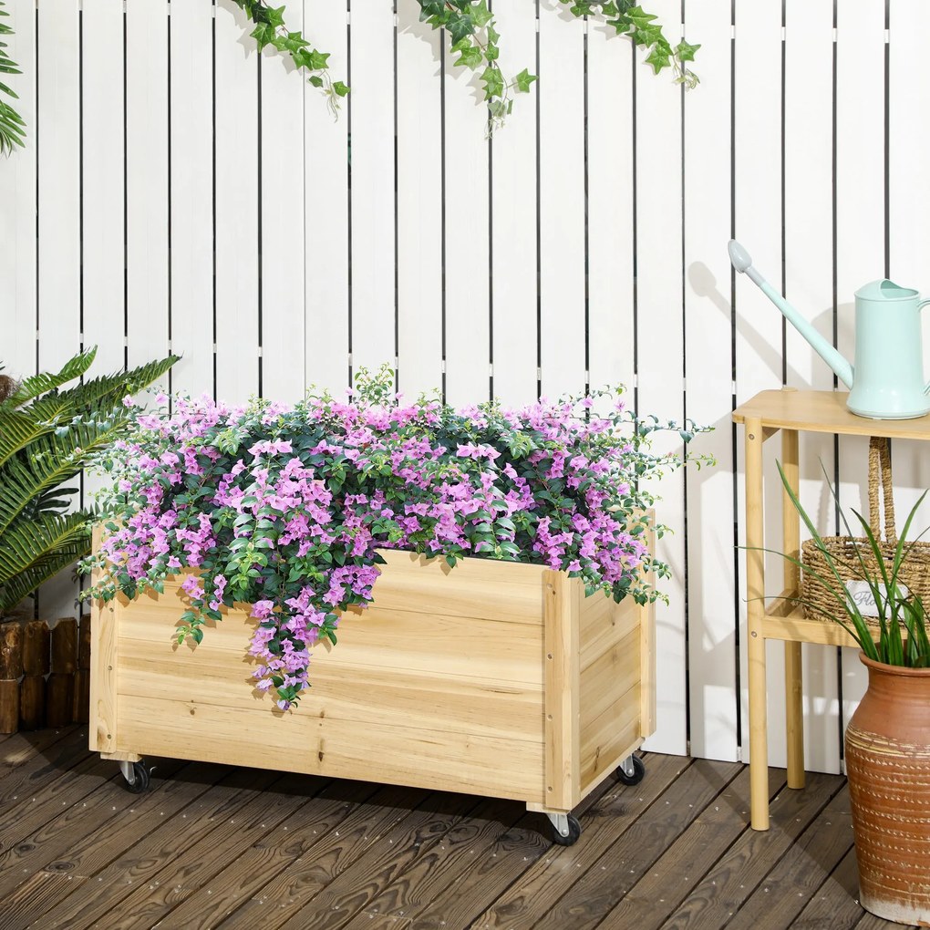 Dřevěný květináč s kolečky Outsunny pro zahradu s drenážními otvory a netkanou textilií pro pěstování květin a rostlin na balkóně nebo terase 89x48x4…