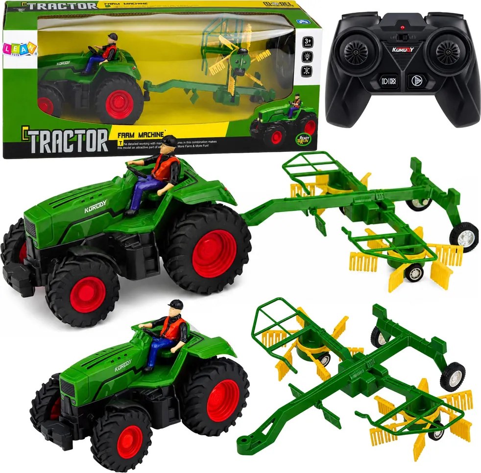 LEAN Toys Zemědělský traktor s obracečem a farmářem, dálkově ovládaný RC, se světly, měřítko 1:24