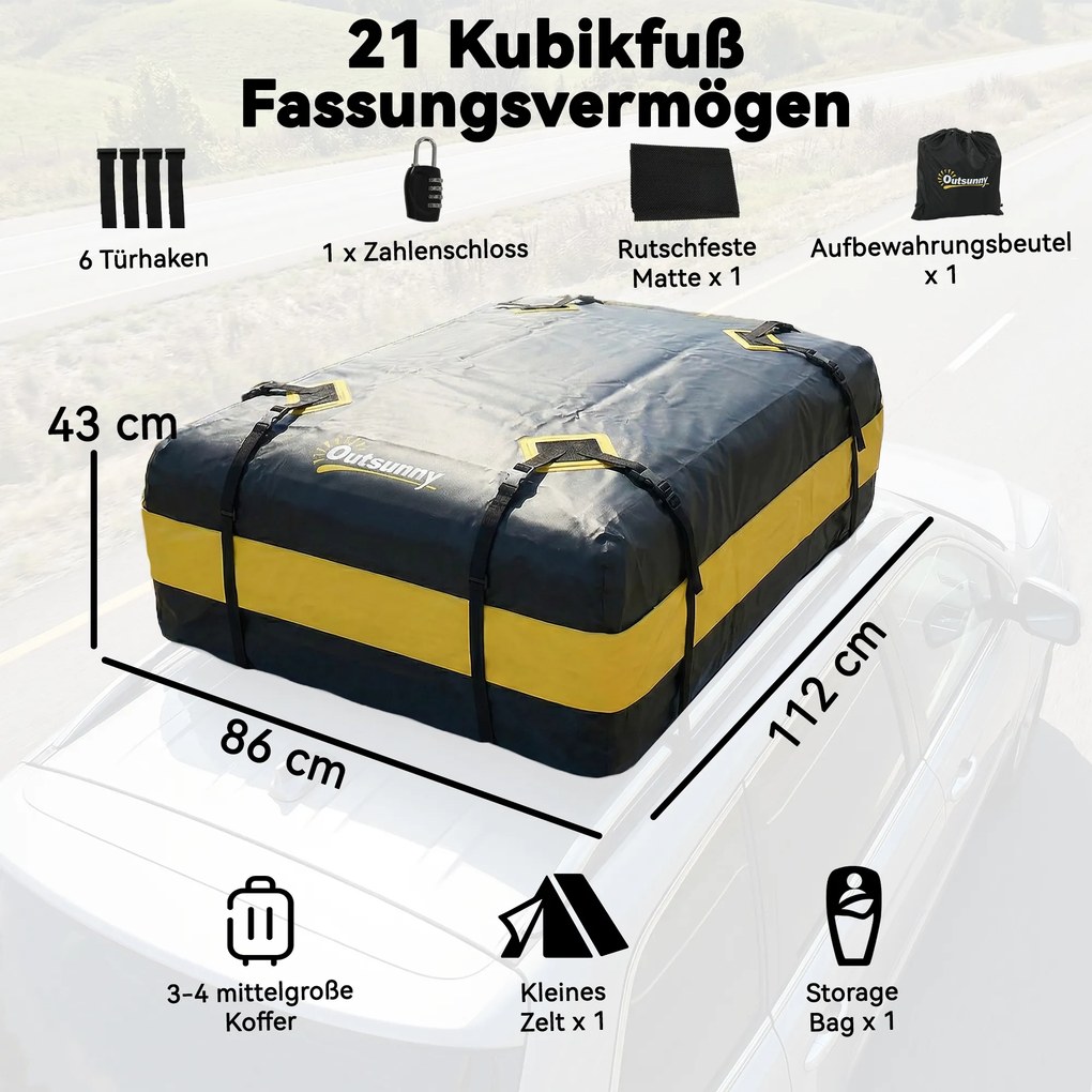 Outsunny Vodotěsný střešní box na auto 425L pro střechy vozidel s/bez střešního nosiče, kufrový box s 8 zesílenými popruhy, háčky dveří, žlutá