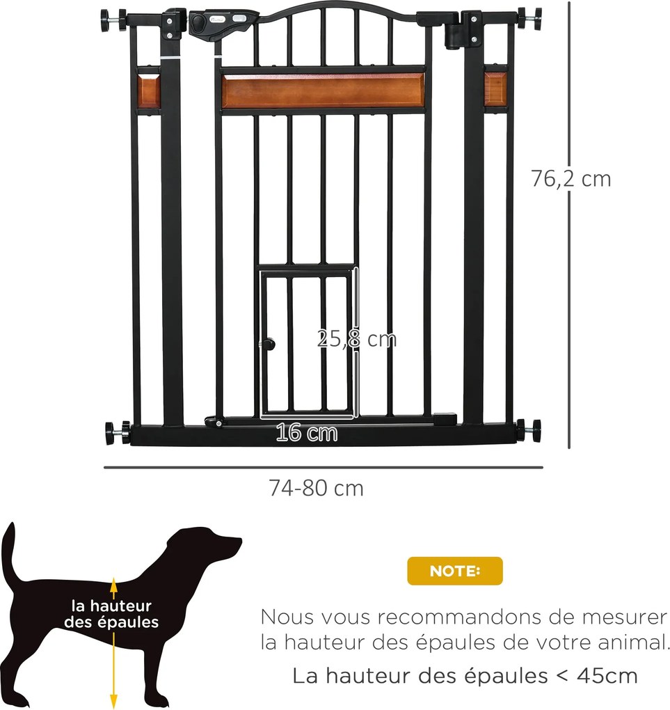 Bezpečnostní bariéra pro domácí mazlíčky PawHut s automaticky zavíratelnými dveřmi a dvojitým zámkovým systémem bez vrtání, od 74 do 80 cm, ocel a bo…