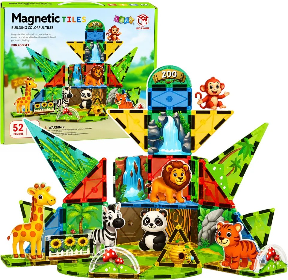 LEAN Toys Magnetické stavební kostky – Divoká zvířata, džungle, ZOO, 52 ks