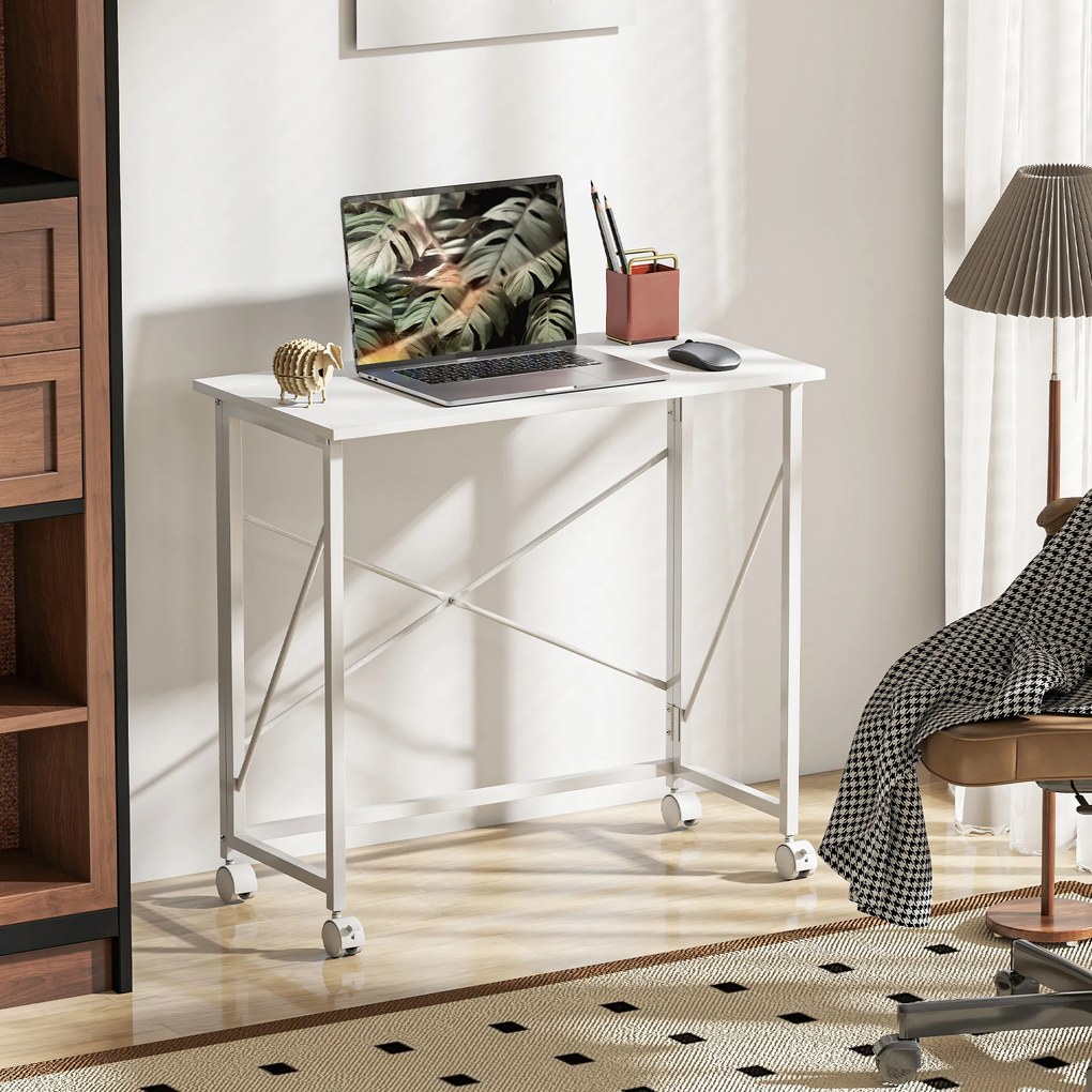 HOMCOM skládací počítačový stůl na kolečkách, 80 × 40 × 75 cm — bílý