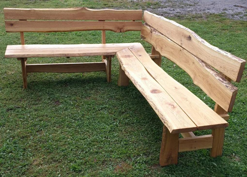 KULHÁNEK Zahradní rohová lavice - rustikální Odstín nátěru: lazura - dub, Délka levé strany: 300 cm, Délka pravé strany: individuální
