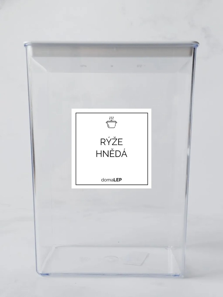 RÝŽE HNĚDÁ– bílá samolepka na dózu, základní písmo, 5 x 5 cm | DomaLEP