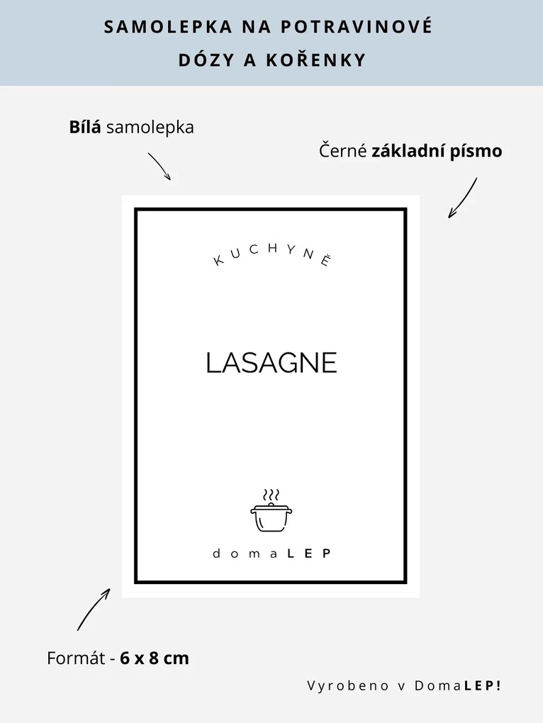 LASAGNE – bílá samolepka na dózu, základní písmo, 6 x 8 cm | DomaLEP