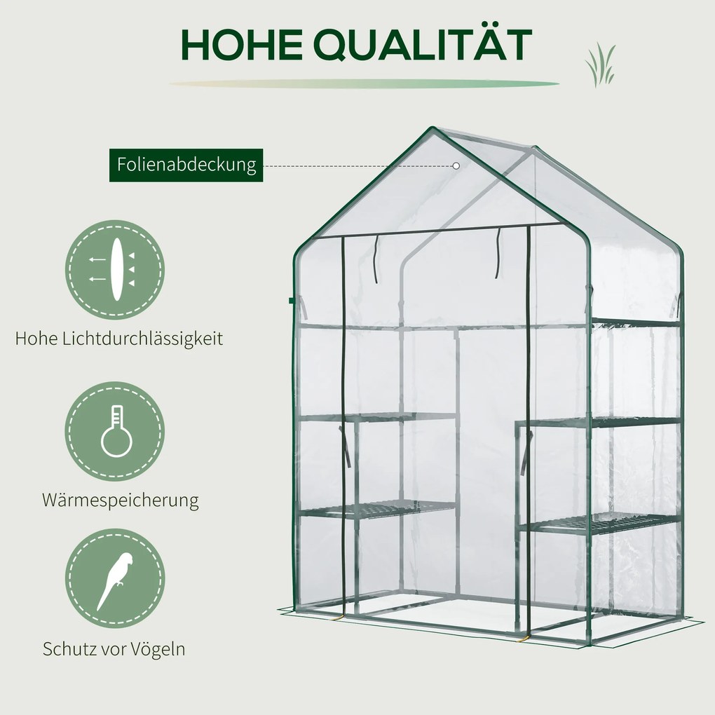 Outsunny Fóliový skleník Walk-in Skleník na rajčata 142x73x195cm se 6 policemi, průhledný pro zahradu a rostliny |