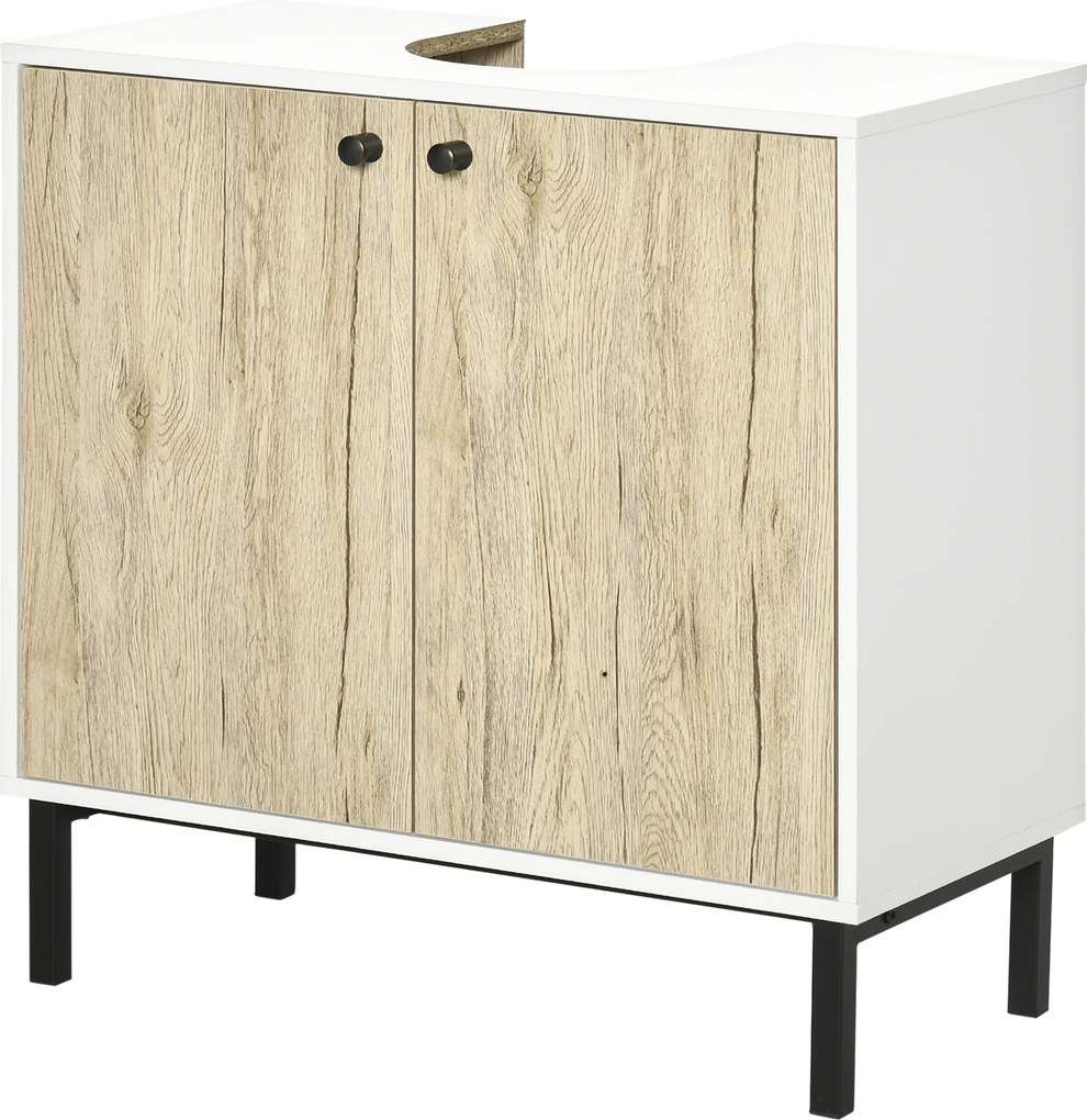 kleankin Skříňka pod umyvadlo pro moderní umyvadla s kovovými nohami a dvojitými dveřmi 60 x 30 x 60 cm - Bílá a dřevěná barva