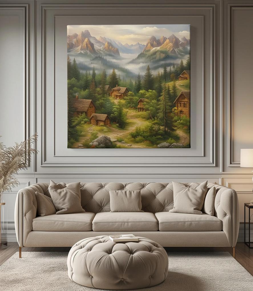 Obraz na plátně - Dřevěné chatky v kanadských horách FeelHappy.cz Velikost obrazu: 100 x 100 cm