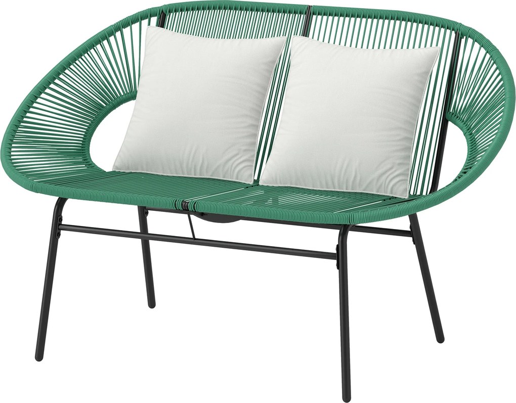 Outsunny zahradní lavička pro 2 osoby z oceli a syntetického lana s 2 polštářky - rozměry 132D x 72Š x 83V cm - tmavě zelená