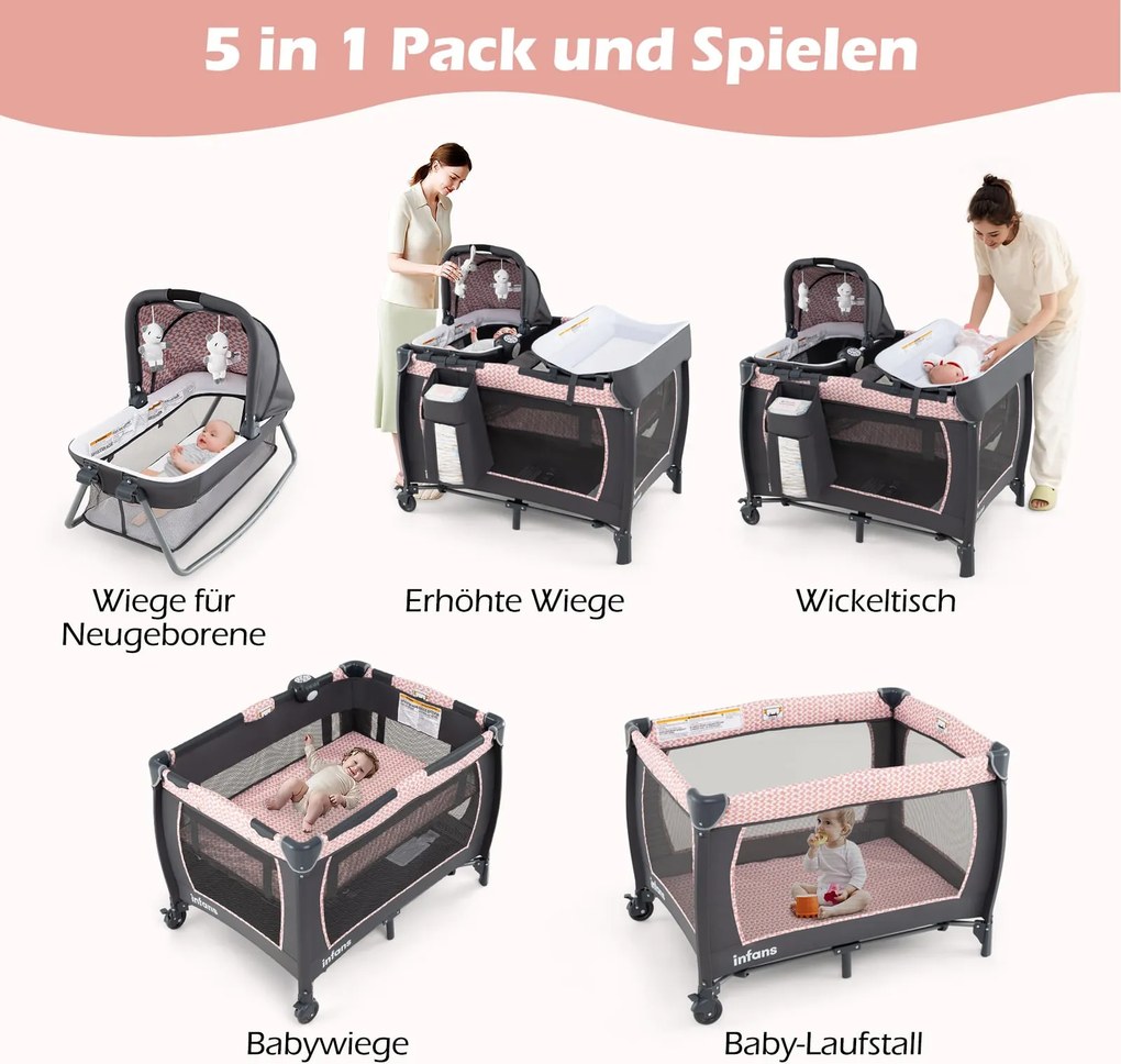 Costway 5 v 1 Dětská cestovní postýlka s přebalovacím pultem
