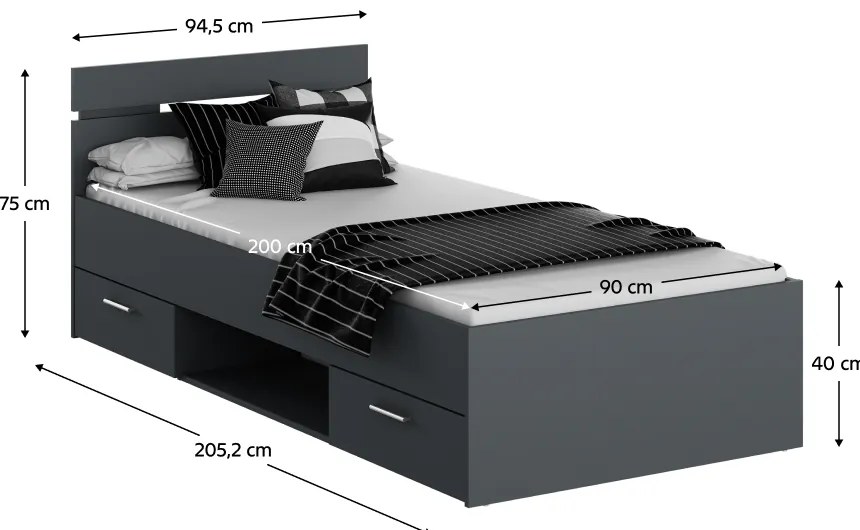Kondela Postel, 90x200, grafit, MICHIGAN NEW