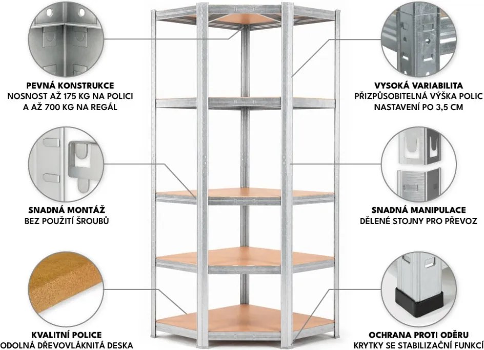 Regál 180x90x40 cm rohový zinkovaný 5-policový, nosnost 875 kg - 4ks