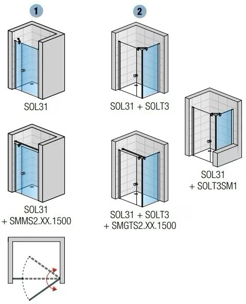 Ronal (Sanswiss) Ronal, SOLINO jednokřídlé dveře s pantem u zdi a s pevnou stěnou v rovině SOL31 Šířka: 140 cm, Sklo: 88 bílé linky
