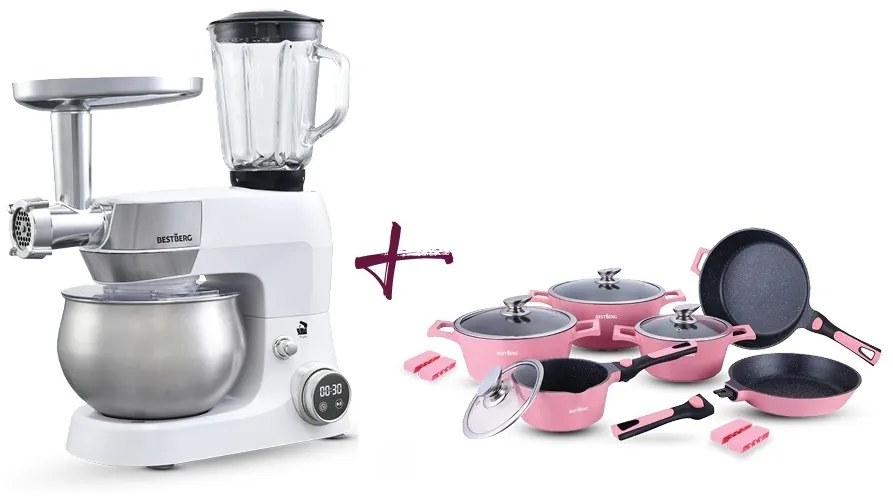 MEGAKOMBO Multifunkční kuchyňský robot BestBerg BBR-1900P + 14dílná sada nádobí s mramorovým povrchem BestBerg BBN-1014P / růžová