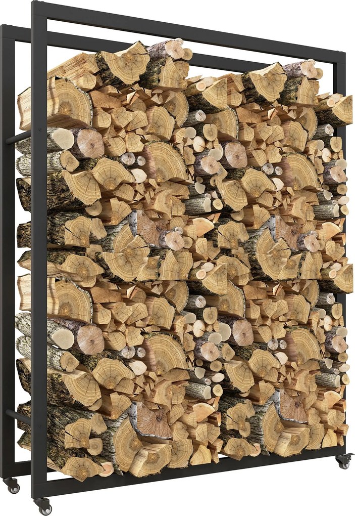 Krbové dřevo Outsunny 120 x 32 x 151 cm s kolečky, úložiště dřeva pro vnitřní a venkovní použití, kovové, černé