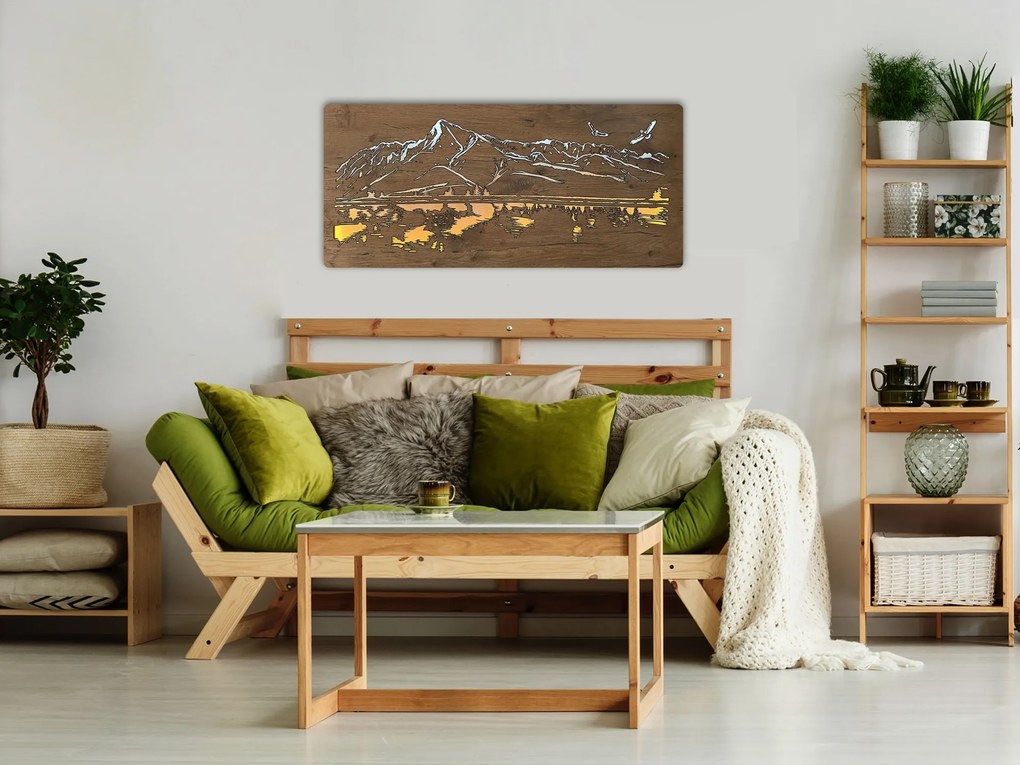Li-Go "Hory s ptáky a jezerem" světelný obraz 230V 130x60 cm provedení povrchu: ořech