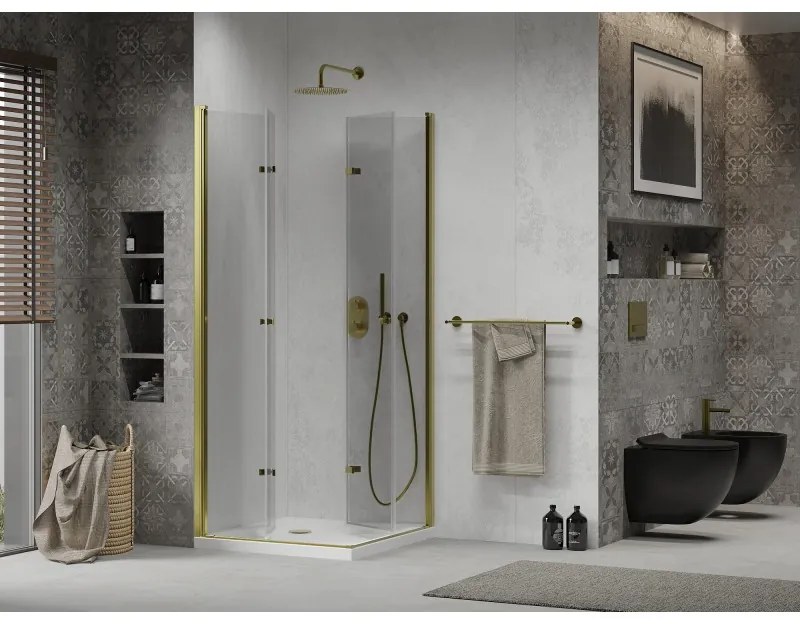 Mexen Lima Duo skládací sprchový kout 70 x 70 cm, Průhledné, Zlatá + sprchová vanička Flat - 856-070-070-50-02-4010G