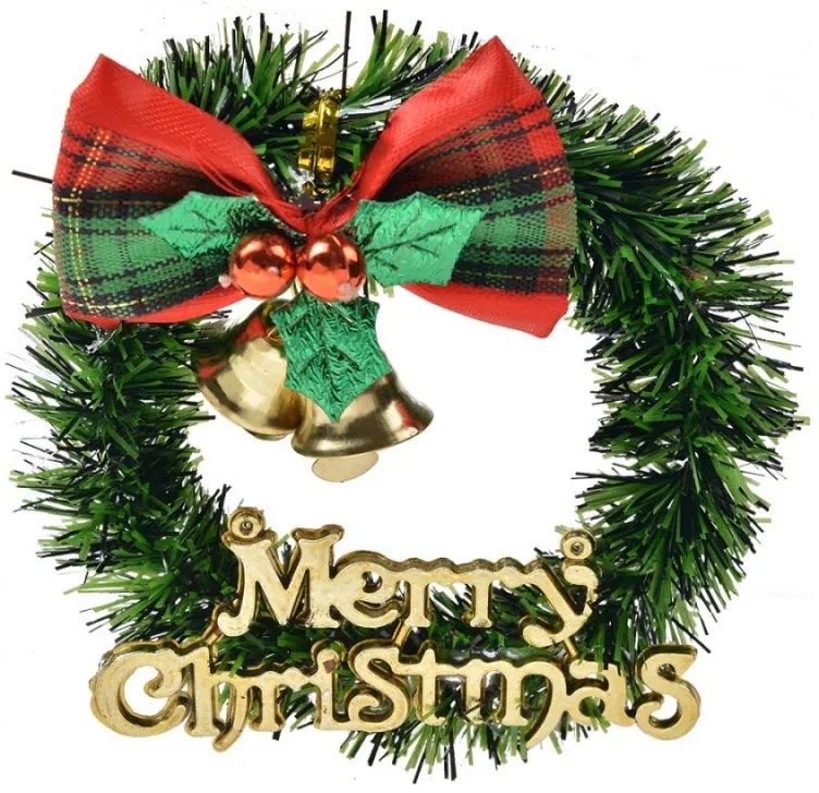 Malý vánoční věnec se zlatým nápisem Merry Christmas a zvonky – 8 cm