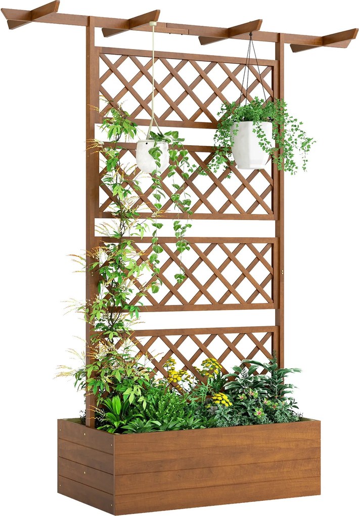 Outsunny vyvýšený truhlík z borového dřeva s mřížkou a stříškou, pro popínavé rostliny, balkon a zahradu, 160 × 55 × 183 cm — oranžový | Aosom