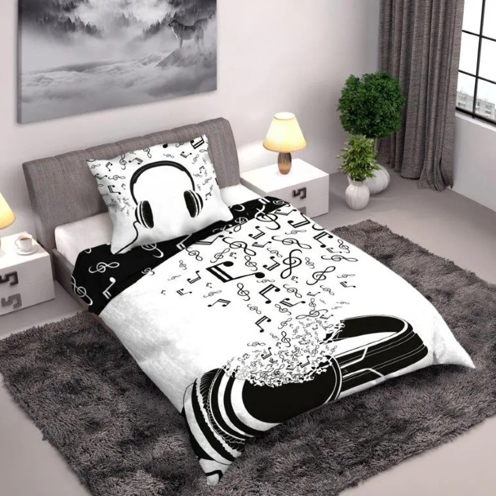 Bavlněné ložní povlečení Muzika se sluchátky a spoustou not - 100% bavlna - 70 x 90 cm + 140 x 200 cm