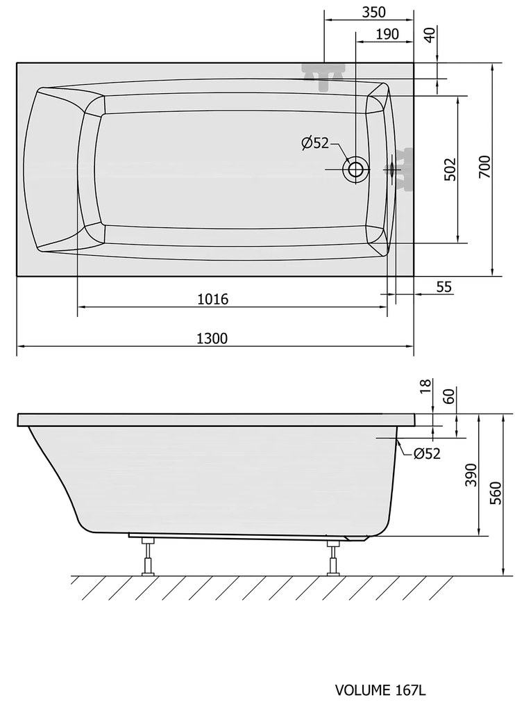 Polysan LILY SLIM obdélníková vana 130x70x39cm, bílá, 77511S