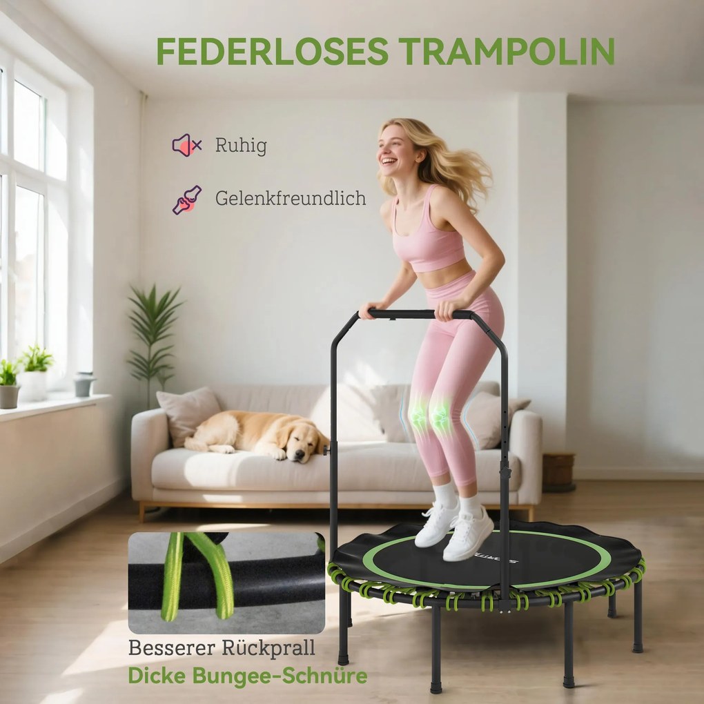 Fitness trampolína s nastavitelným zábradlím, sportovní trampolína pro vnitřní i venkovní použití, ocel, plast, zelená barva