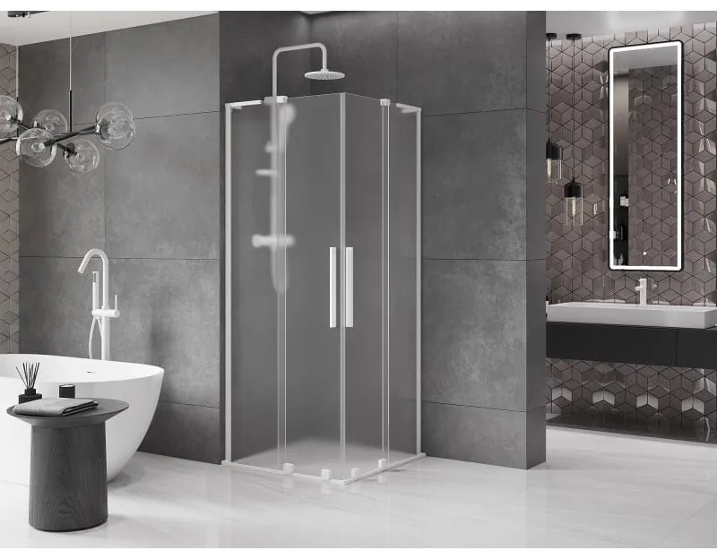 Mexen Velar L Duo, sprchový kout s posuvnými dveřmi 80 x 80 cm, 8mm sklo námraza, bílá matná, 871-080-080-02-33-20